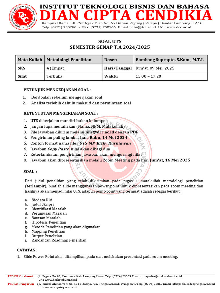 Soal Uts Matakuliah MP Genap 2024 - Bambang Suprapto + Lampiran | PDF