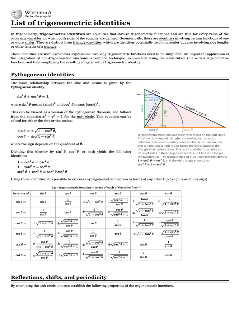 List of Trigonometric Identities - Wikipedia | PDF