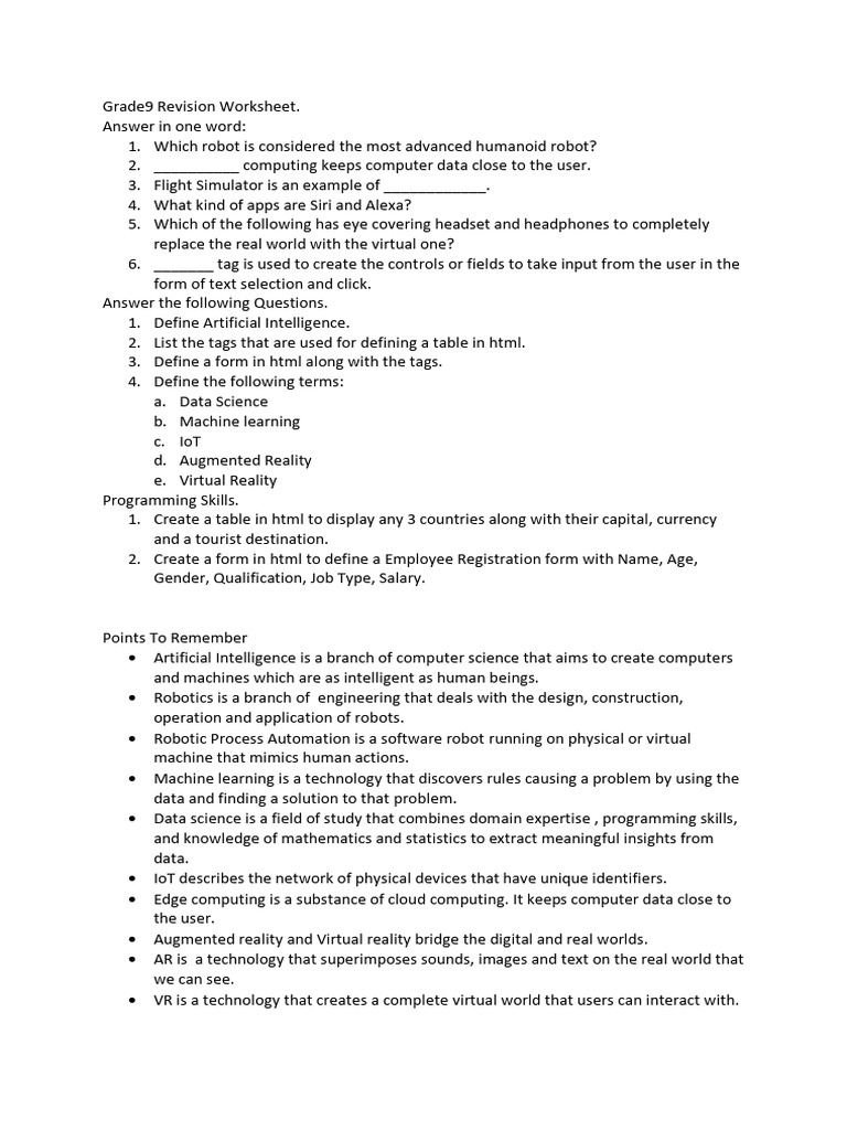 Grade 9 Technology Revision Worksheet | PDF | Augmented Reality ...