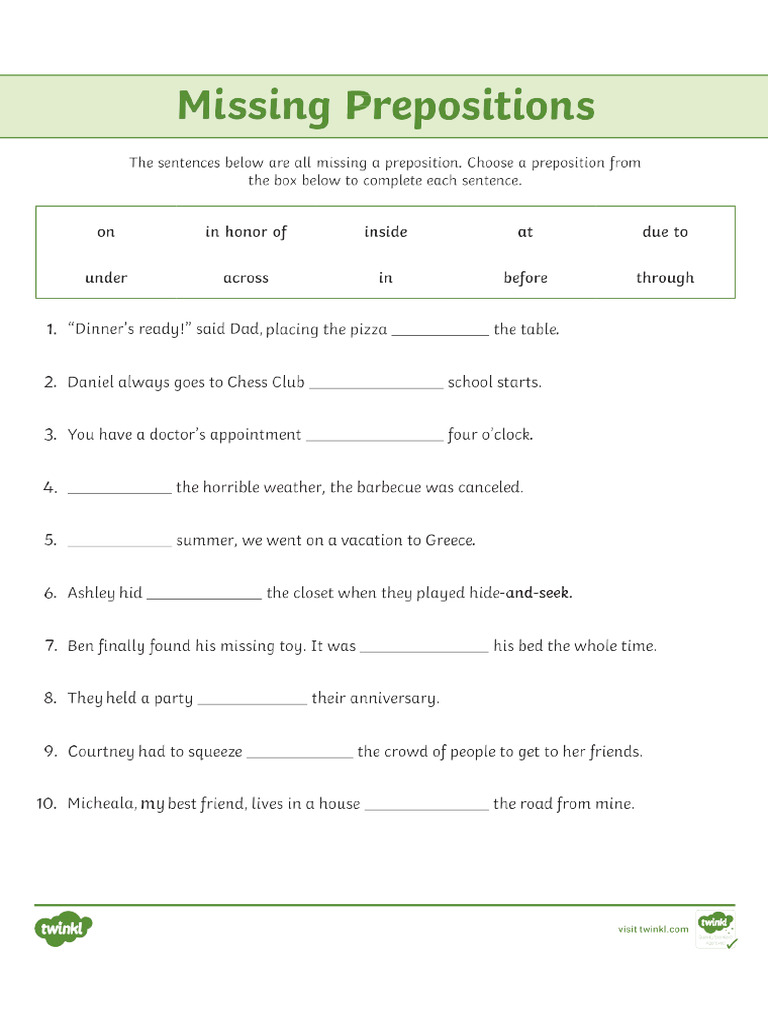 Preposition Worksheet Grade 5 | PDF