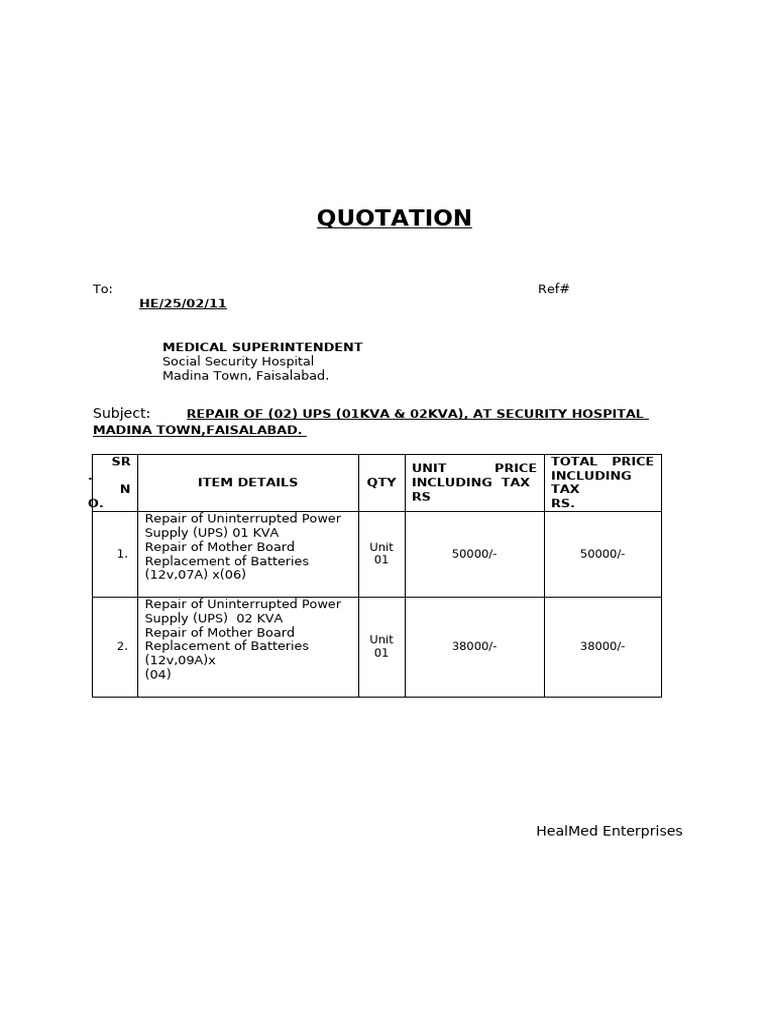 UPS Repair Quotation for Hospital | PDF