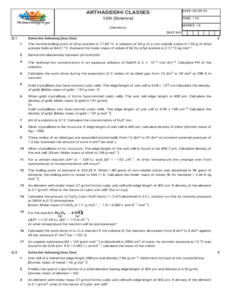 Chemistry Exam Questions for 12th Science | PDF | Mole (Unit) | Ph