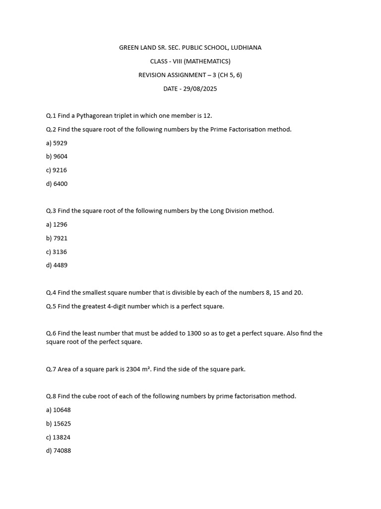 Class VIII Maths Revision Assignment-3 | PDF