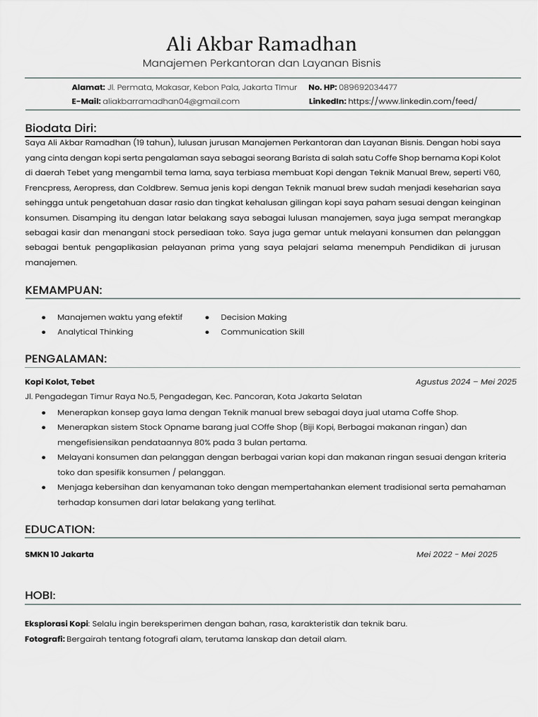 CV Barista Berpengalaman Ali Akbar | PDF