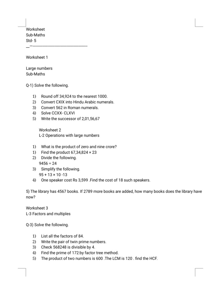 Combined Worksheet of Maths 5 - 1793 | PDF | Angle | Number Theory