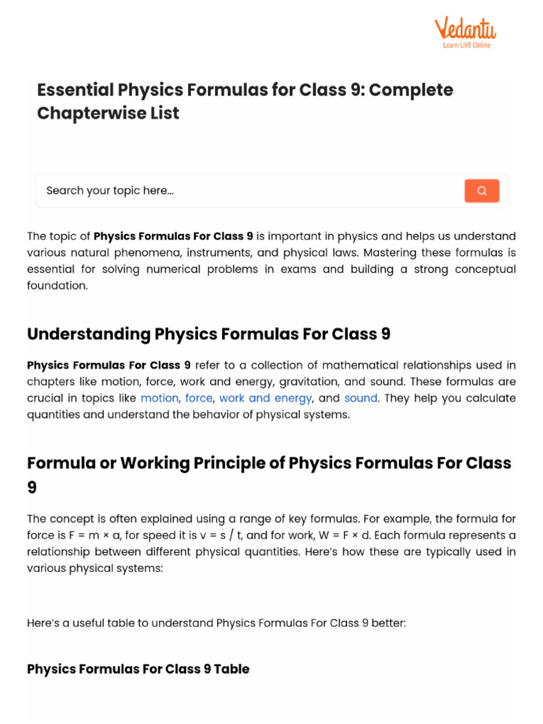 Essential Physics Formulas For Class 9 - Complete Chapterwise List | PDF