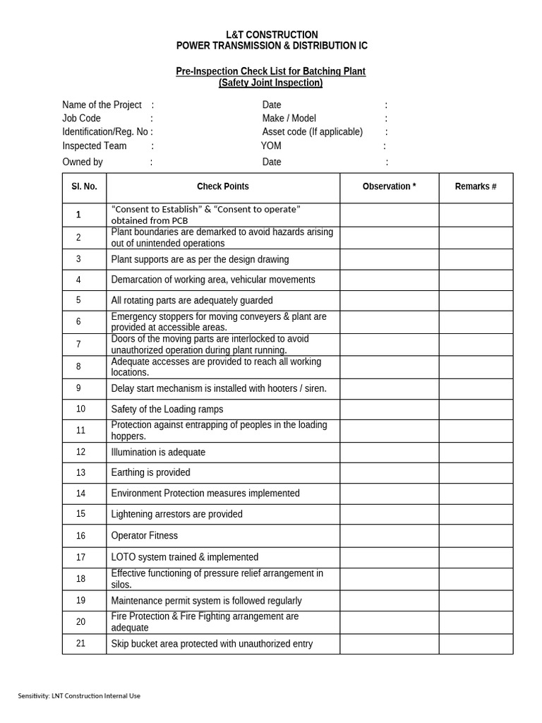 Batching Plant Safety Inspection Checklist | PDF
