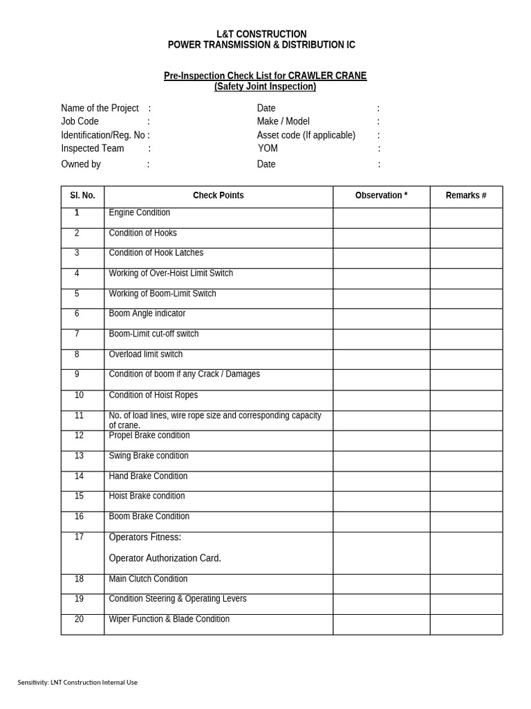 3.Pre-Inspection Check List - Crawler Crane | PDF | Crane (Machine) | Brake