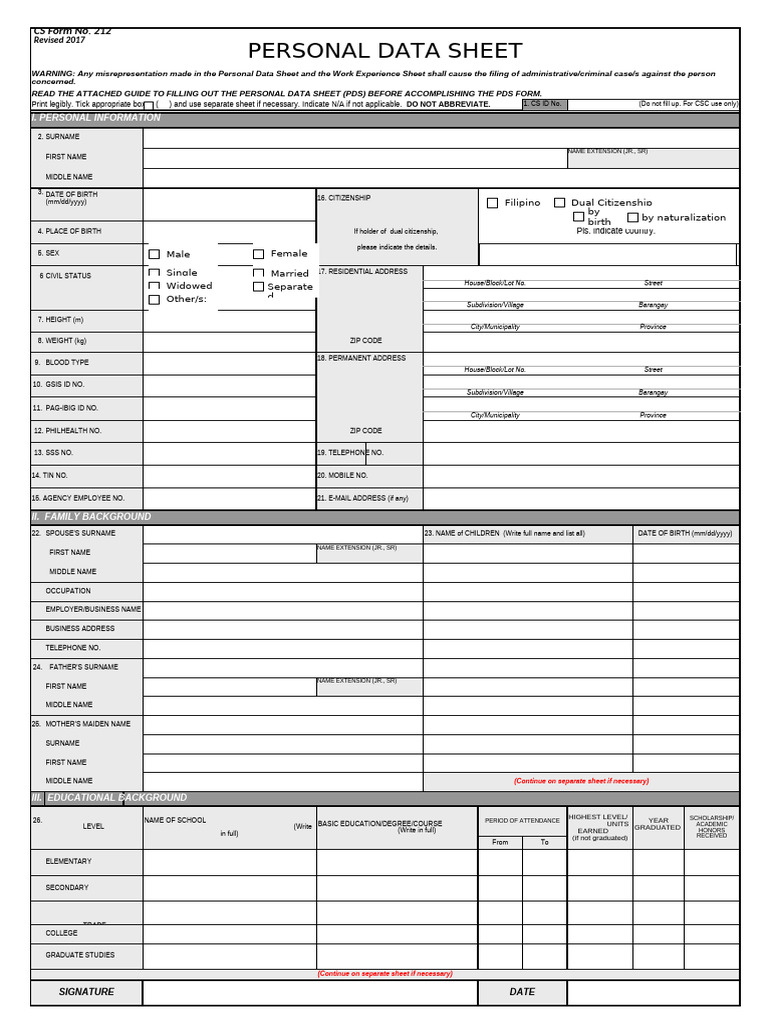 PDS 2017 CS Form No. 212 Blank Revised Personal Data Sheet | PDF ...