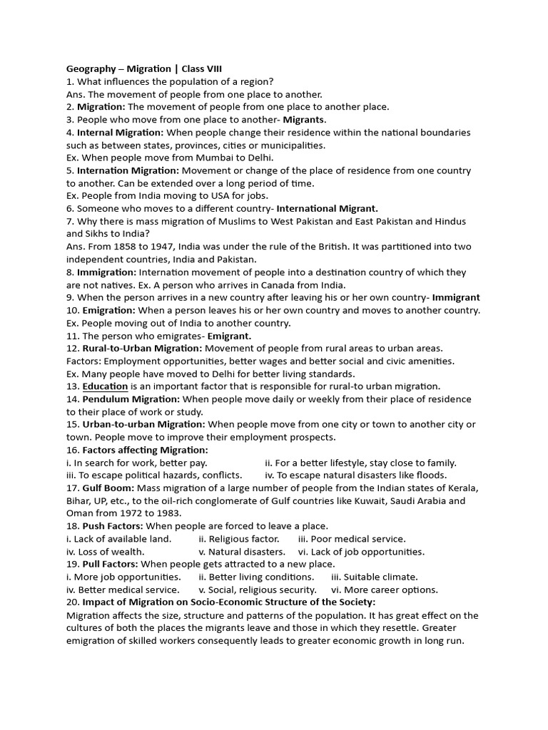 Class VIII Geography (Migration) | PDF | Human Migration | Human ...
