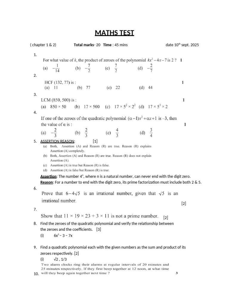 Maths Test CH 1 & 2 | PDF