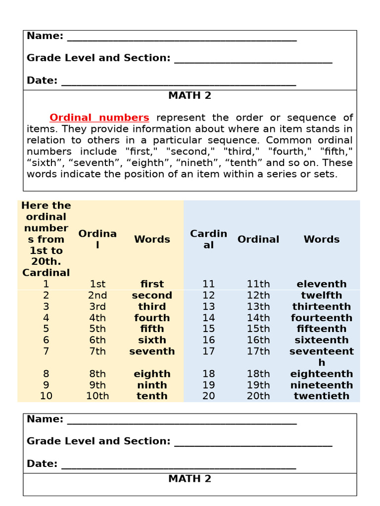 MATH 2_September 1_Ordinal Numbers | PDF