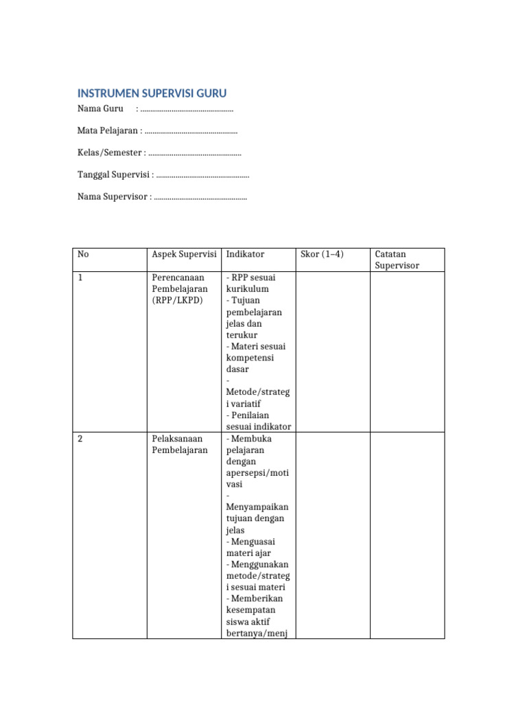 Instrumen Supervisi Guru | PDF