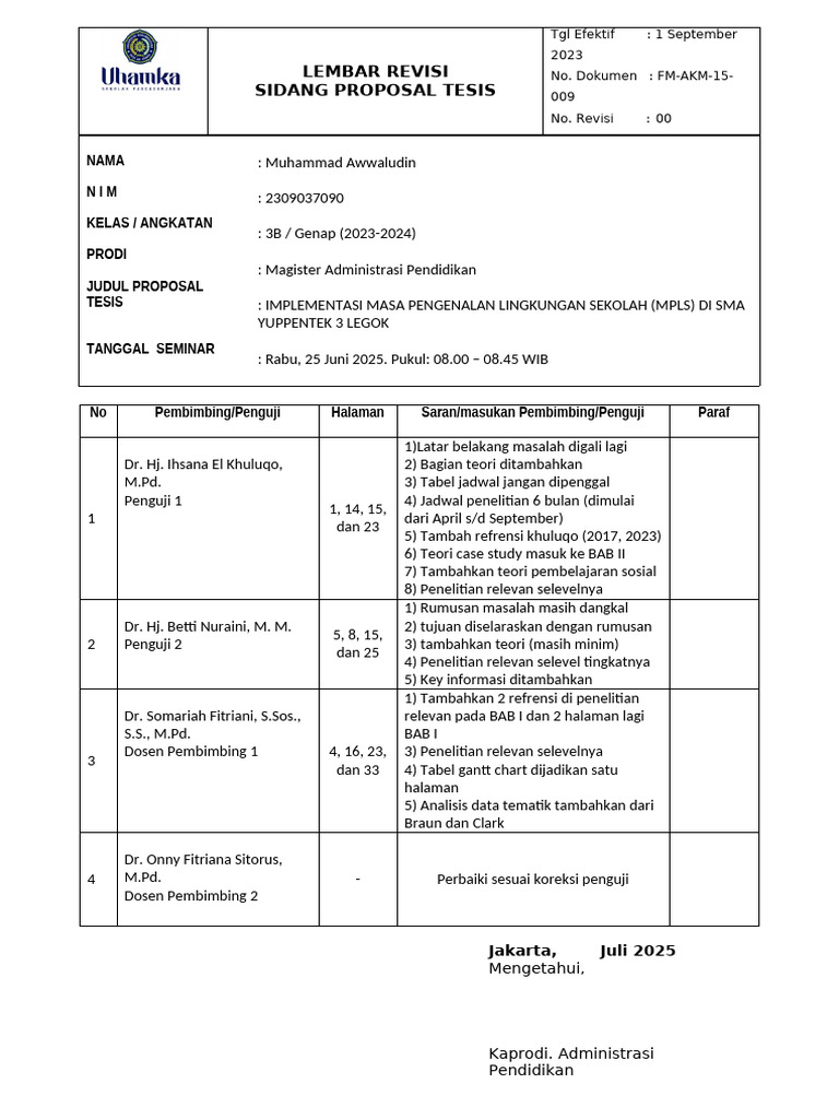 Lembar Revisi Sempro Awwaludin | PDF
