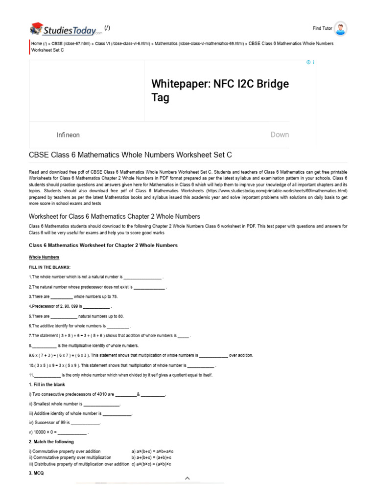 CBSE Class 6 Mathematics Whole Numbers Worksheet Set C | PDF | Integer ...
