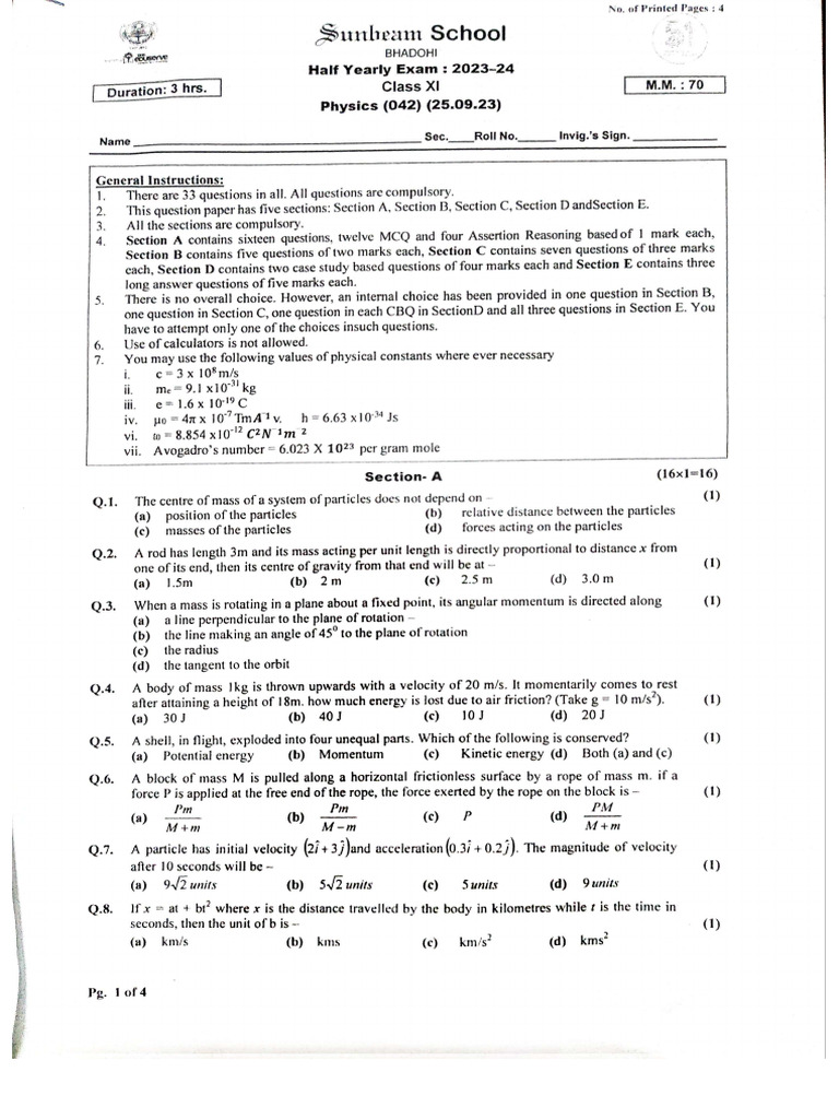 Class 11 Physics Half Yearly 2023 | PDF
