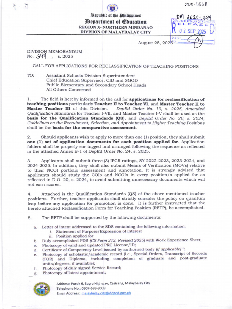 DM-2025-394 - Call For Application For Reclassification of Teaching Positions | PDF | Social ...
