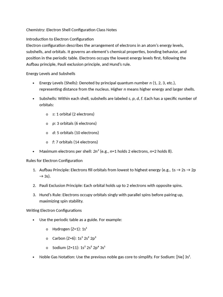 Chemistry Electron Shell Configuration Class Notes Pdf Electron Configuration Atomic Orbital