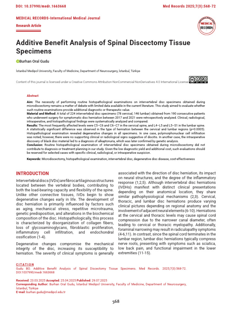 Additive Benefit Analysis of Spinal Discectomy Tissue Specimens | PDF ...