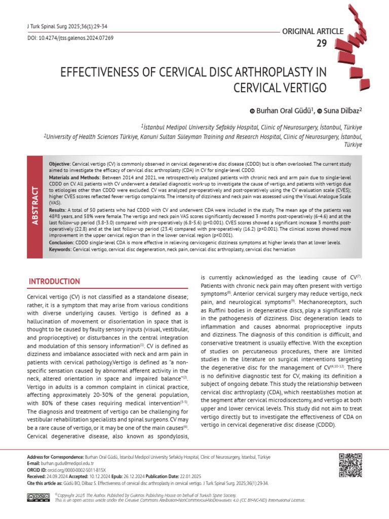 Effectiveness of Cervical Disc Arthroplasty in Cervical Vertigo | PDF ...