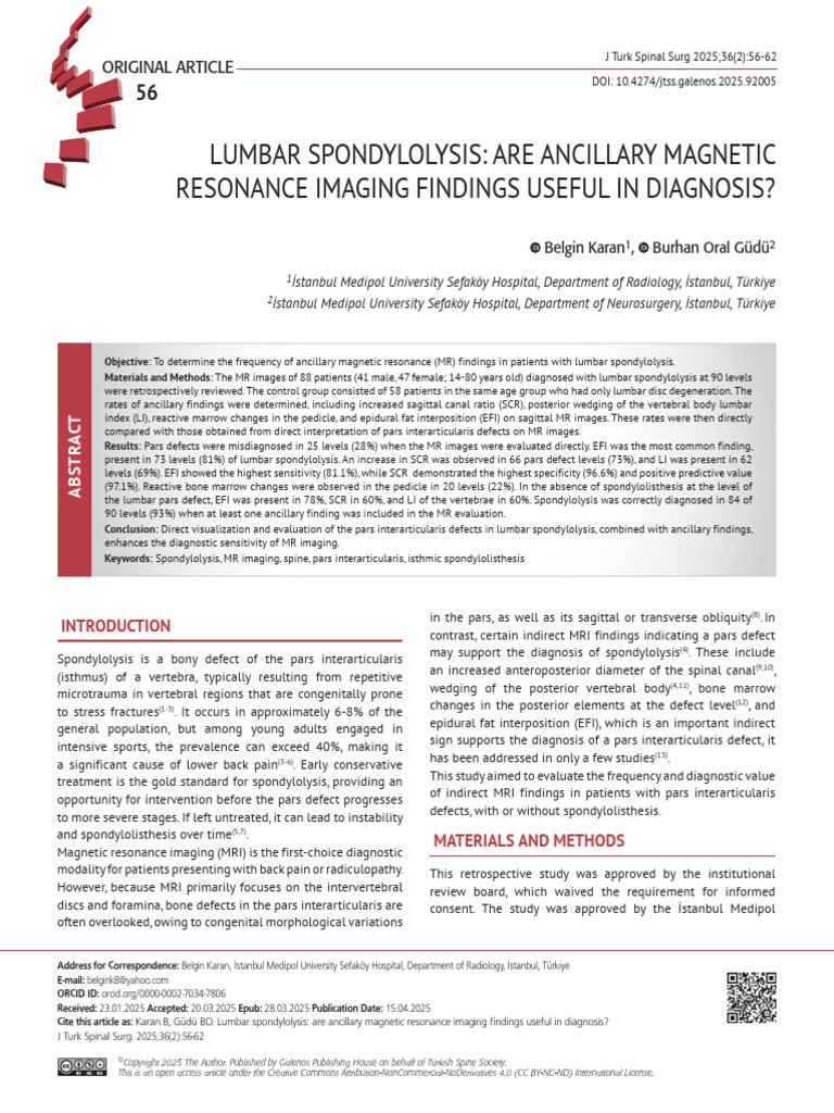 Lumbar Spondylolysis: Are Ancillary Magnetic Resonance Imaging Findings ...