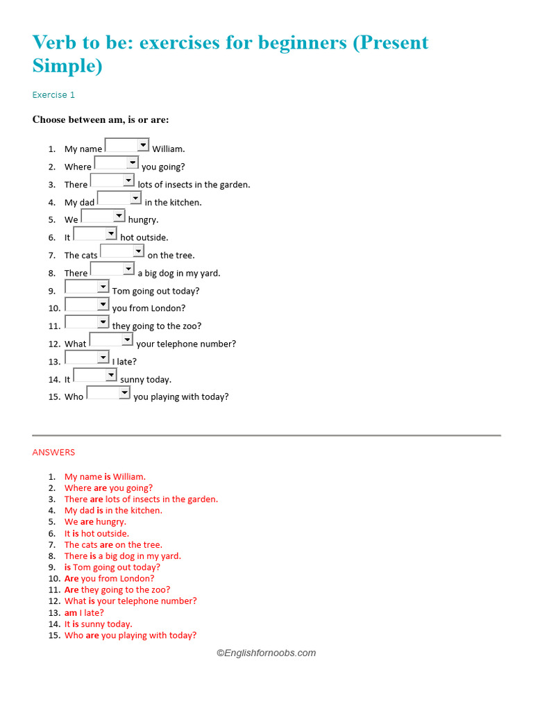 Verb To Be Exercises For Beginners Present Simple | PDF