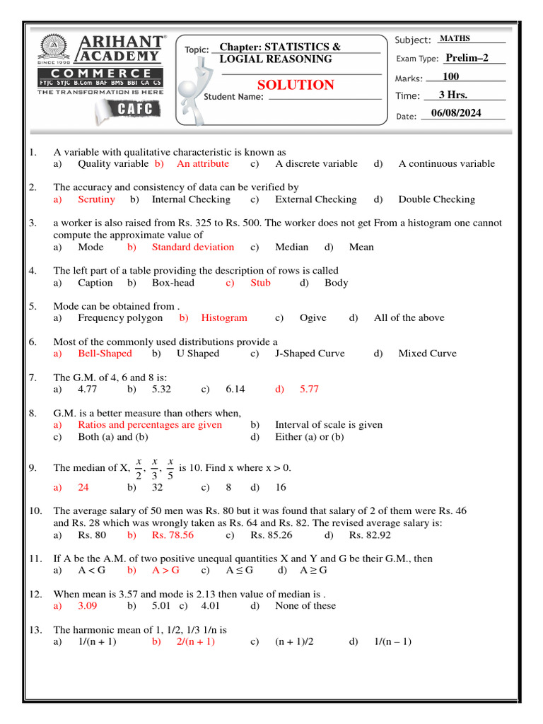 Cafc Maths CH Statictis & Logical Reasoning P 3 Prelim 2 100 Marks DT ...