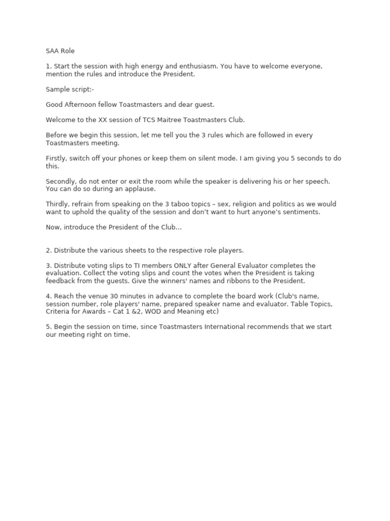SAA Guidelines for Toastmasters Meetings | PDF