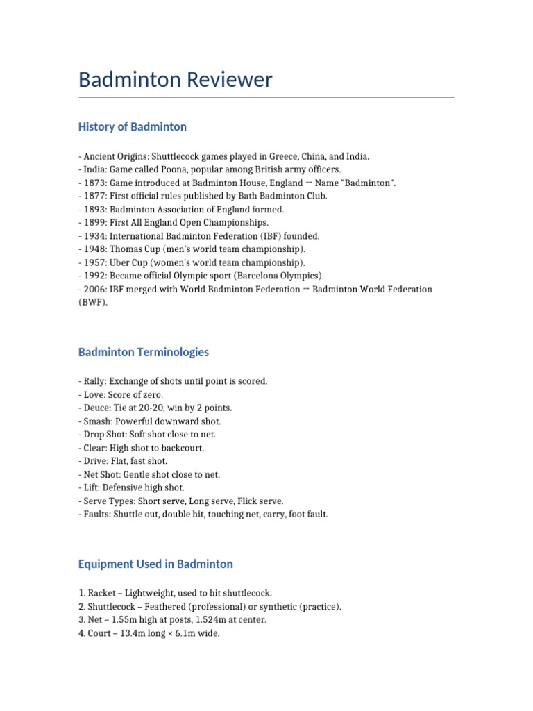 Badminton Reviewer | PDF | Sports | Athletic Sports