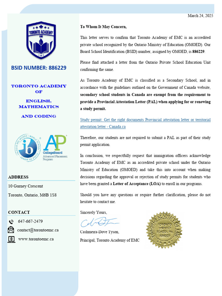 Provincial Attestation Letter - Toronto Academy of EMC | PDF