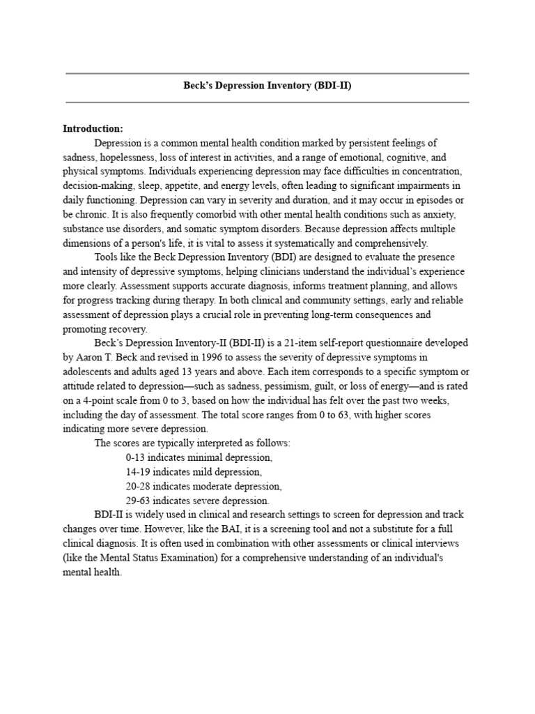 Beck's Depression Inventory (BDI-II) | PDF | Major Depressive Disorder | Mental Disorder