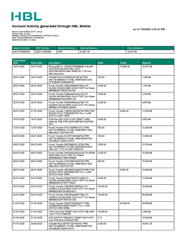Account Statement 30-07-2025T15 45 43 | PDF | Debit Card | Banks