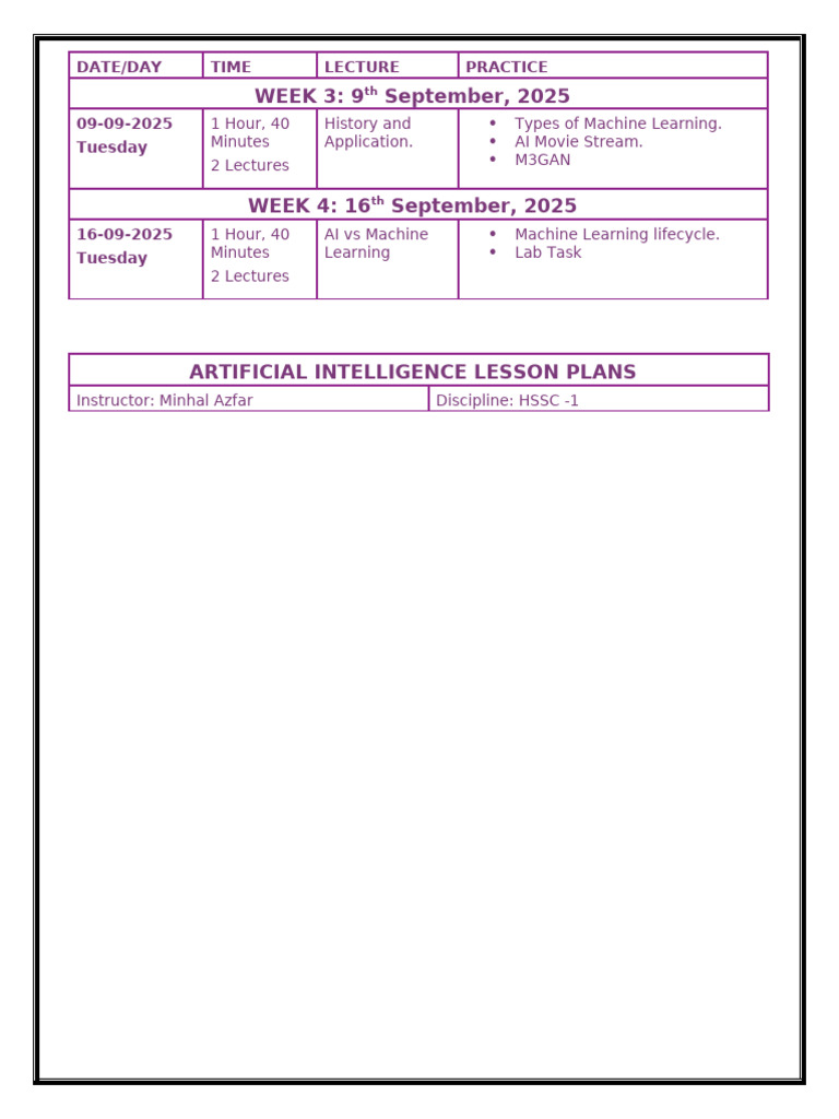 AI Lesson Plans Week 3,4 | PDF