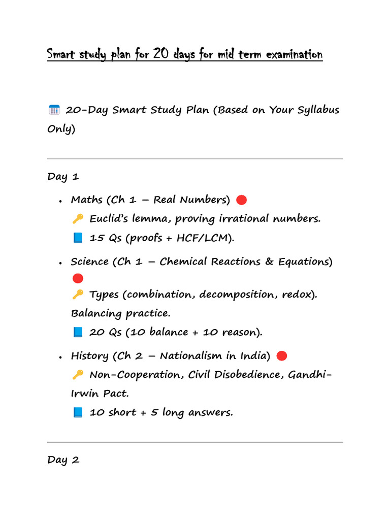 20-Day Study Plan for Midterms | PDF | Mathematics