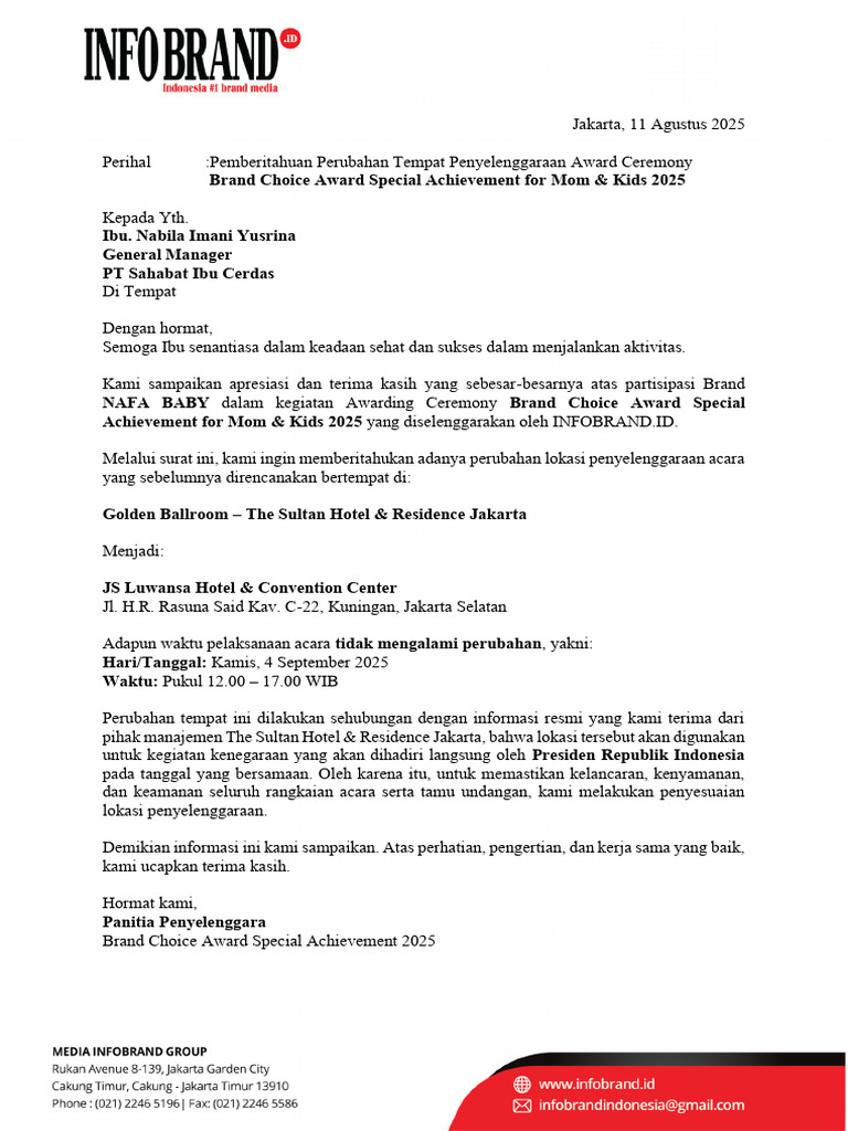 Surat Informasi Perubahan Tempat Award Ceremony Brand Choice Award ...