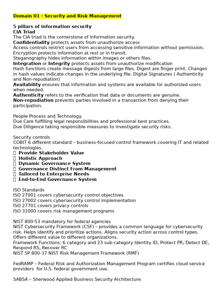 CISSP Domain 1 Cheat Sheet | PDF | Risk | Information Security