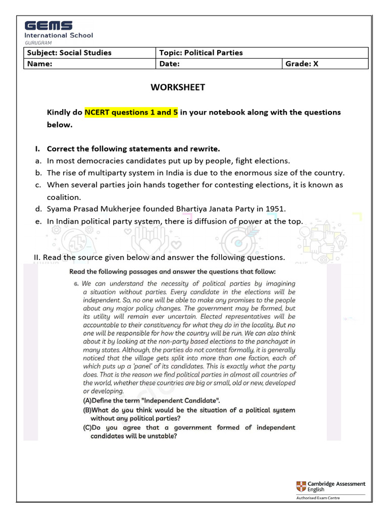 Political Parties - Worksheet | PDF