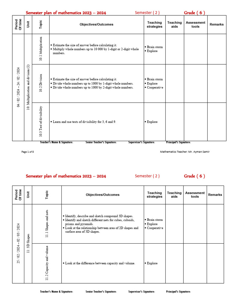 Semester (2) Lessons Plan - Grade 6 | PDF | Multiplication | Ratio