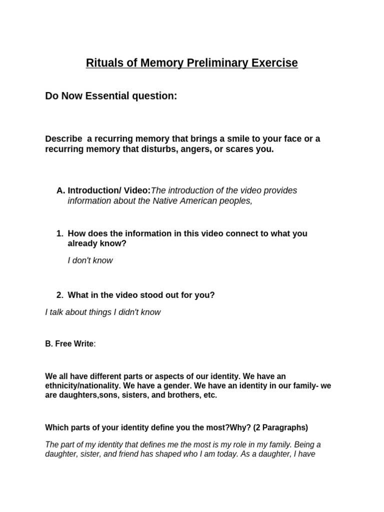 Copia de Rituals of Memory Preliminary Exercise | PDF | Identity ...