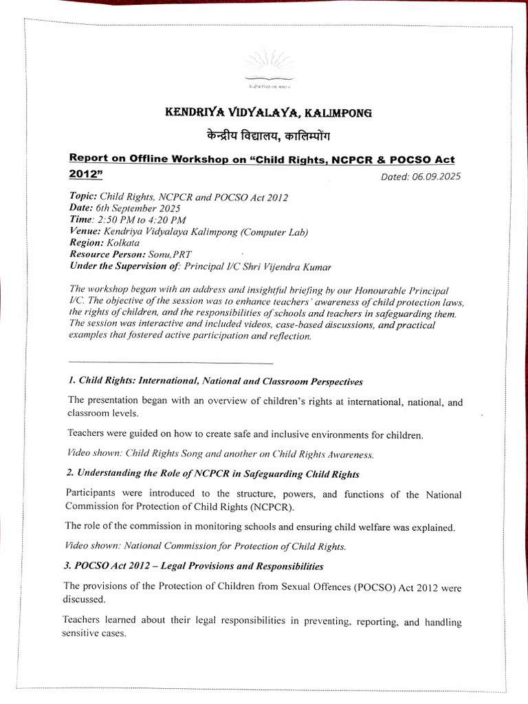 KV Kalimpong Workshop On POCSO Act | PDF | Childhood | Family