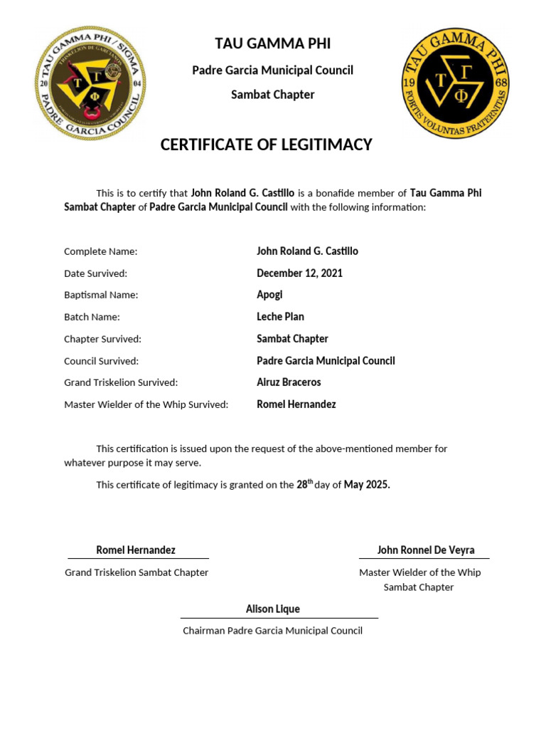 Certificate of Legitimacy: Tau Gamma Phi | PDF