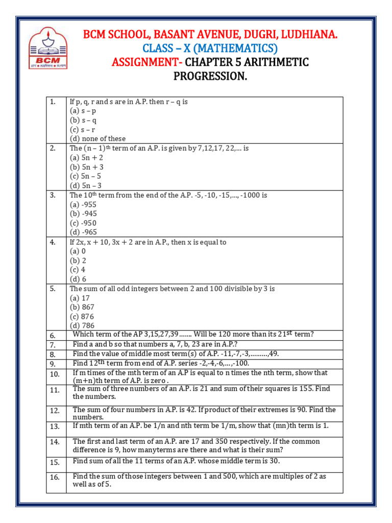 X Maths Arithmetic Progression | PDF | Discrete Mathematics | Arithmetic