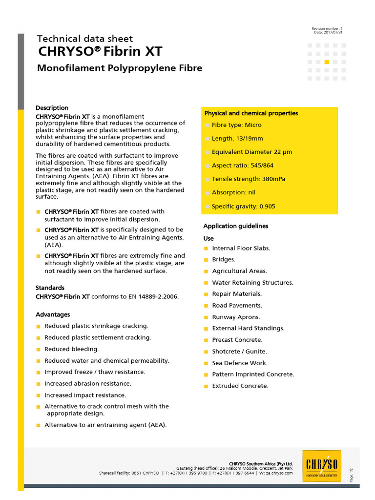 Chryso Fibrin Xt Tds | PDF | Concrete | Materials