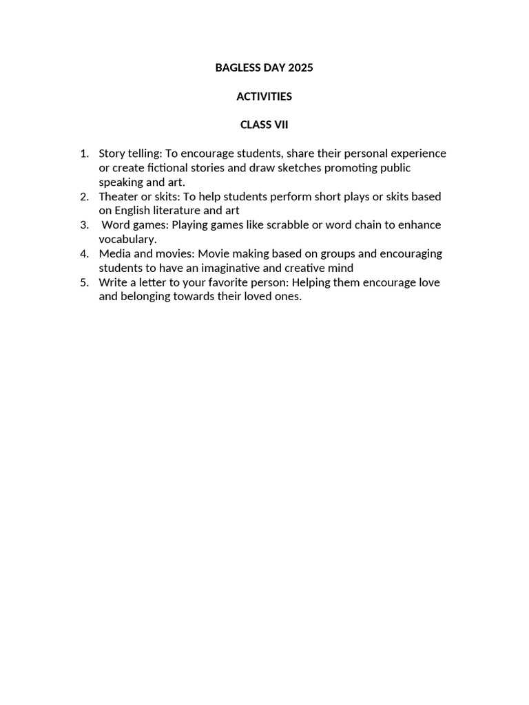 Bagless Day 2025.docx Class 7 | PDF