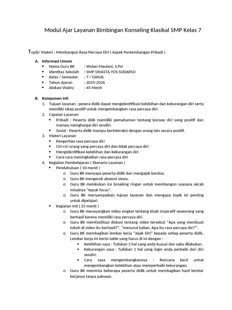 Modul Bimbingan Percaya Diri dan Emosi SMP | PDF