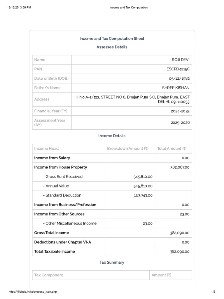 Income and Tax Computation ROJI DEVI Fy 24-25 | PDF | Taxes | Income