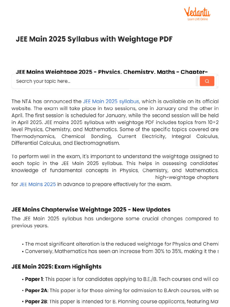 JEE Main 2025 Syllabus With Weightage PDF | PDF