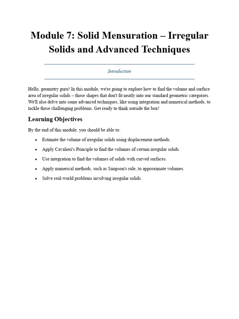 Volume and Area of Irregular Solids | PDF | Area | Integral