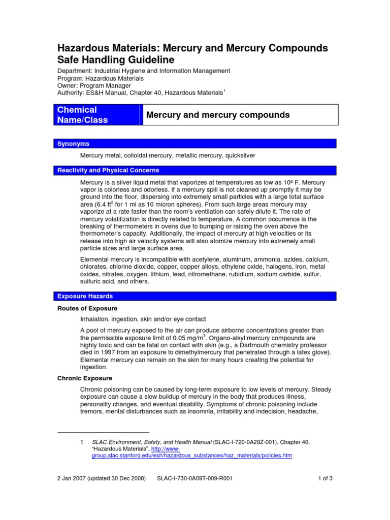 Hazardous Materials: Mercury and Mercury Compounds Safe Handling ...