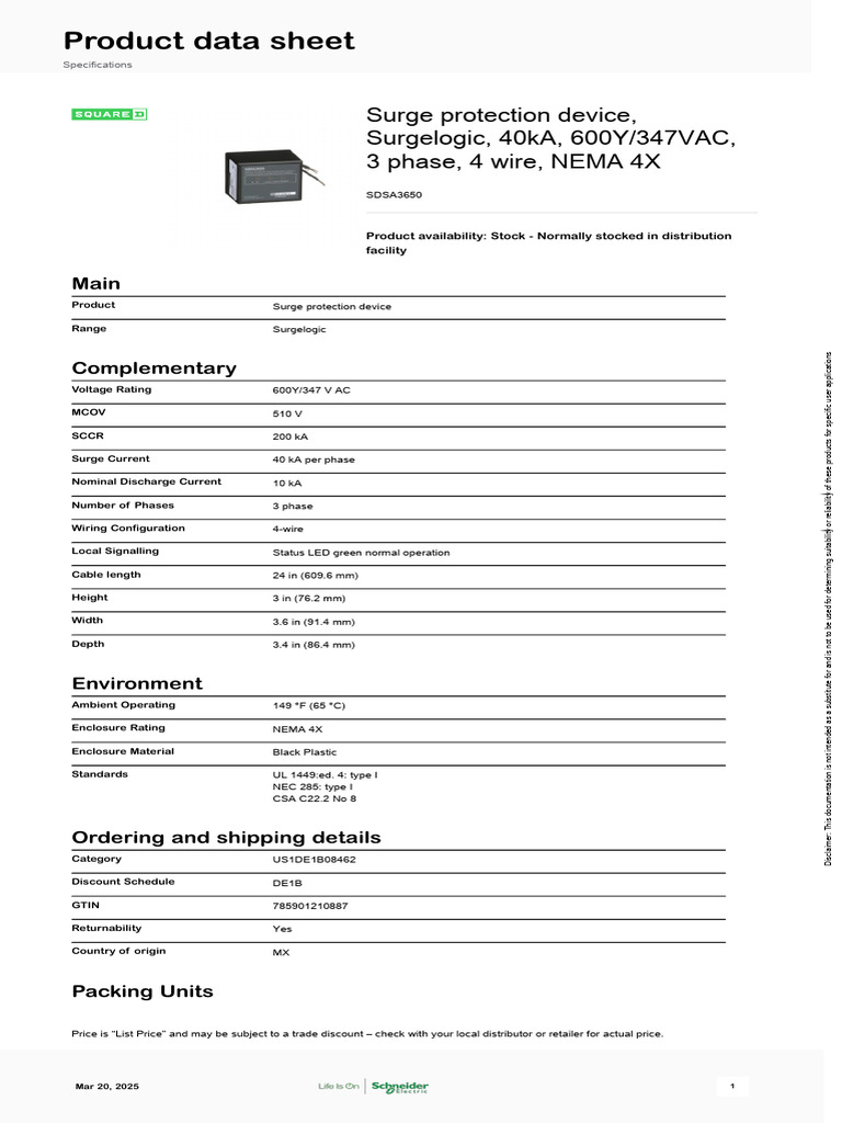 Schneider Electric - Square-D-SDSA-Type-SPDs - SDSA3650 | PDF ...